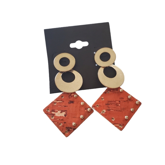 Jewelry | Burnt Orange Cork Dangle Drop Stud Earrings Gold Loops ...